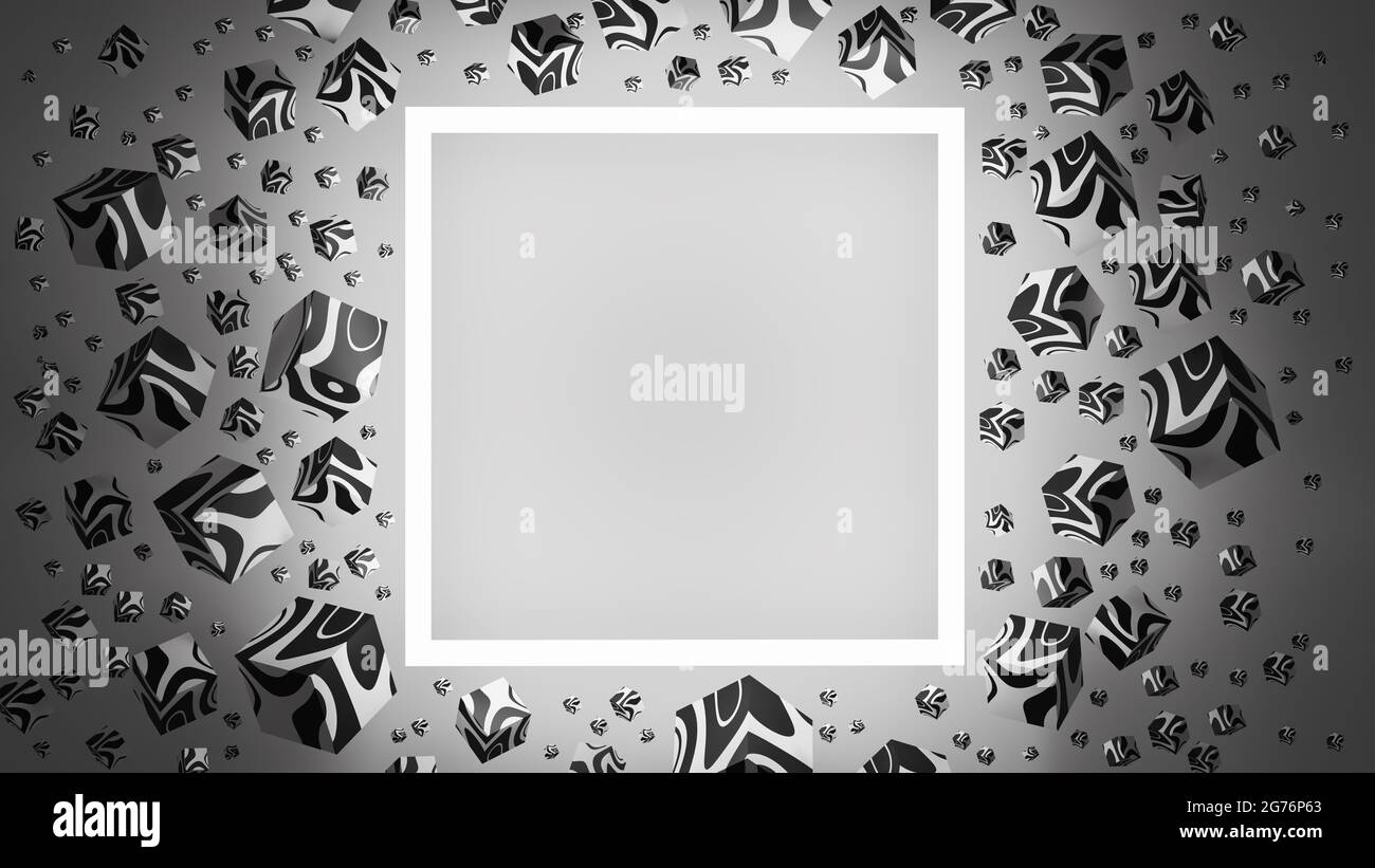 Monochromatic 3D illustration of cubes floating around a glowing square ...