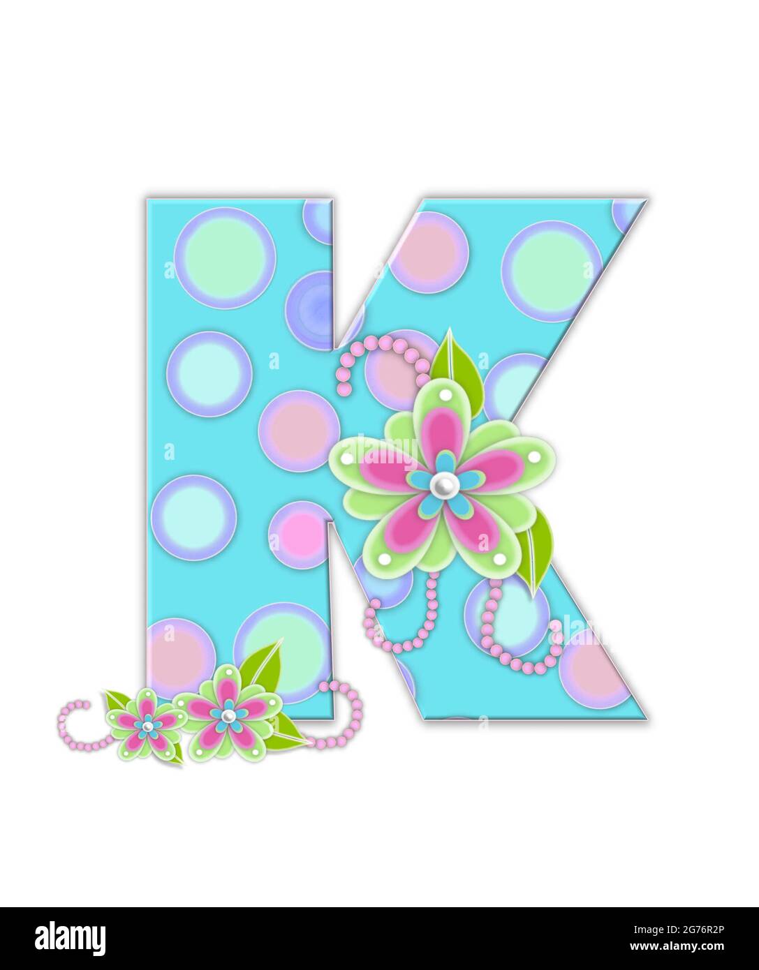 The letter K, in the alphabet set "Softly Spotted", is soft aqua ...