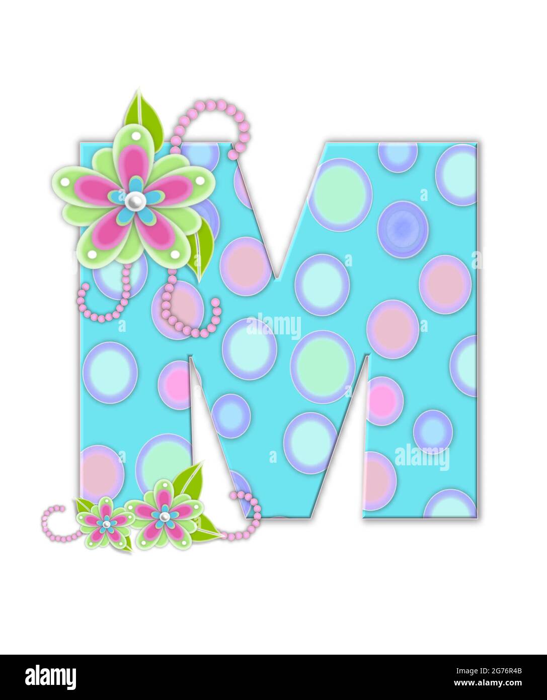 The letter M, in the alphabet set "Softly Spotted", is soft aqua ...