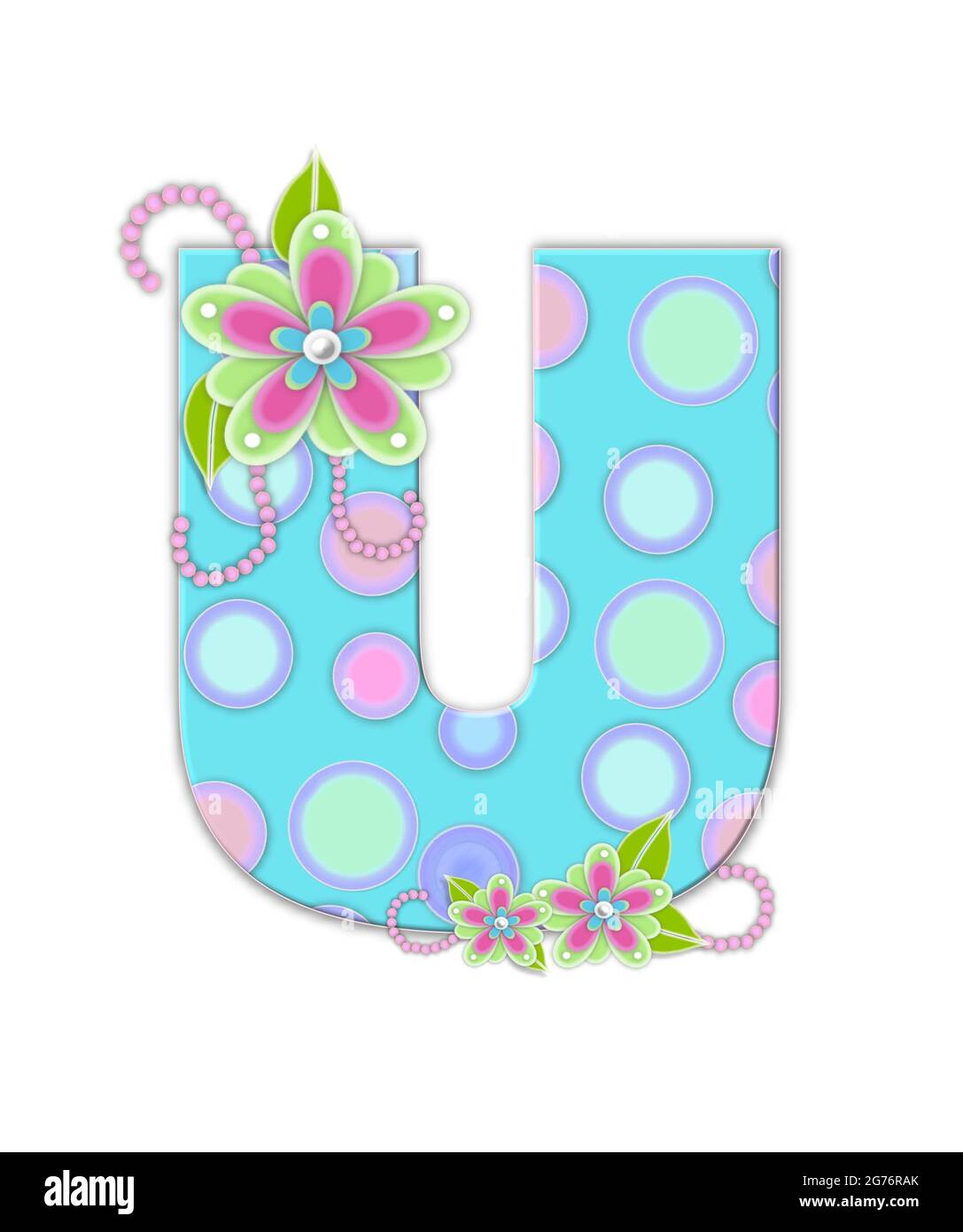 The letter U, in the alphabet set "Softly Spotted", is soft aqua ...