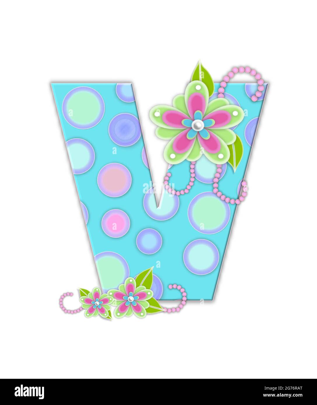 The letter V, in the alphabet set "Softly Spotted", is soft aqua ...