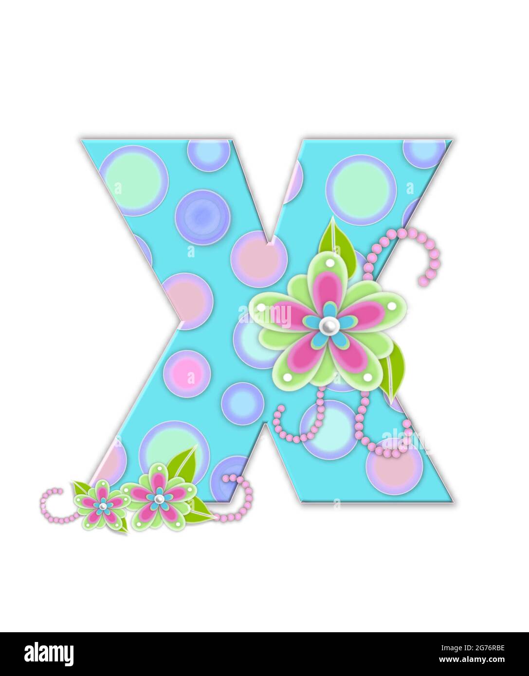 The letter X, in the alphabet set "Softly Spotted", is soft aqua ...
