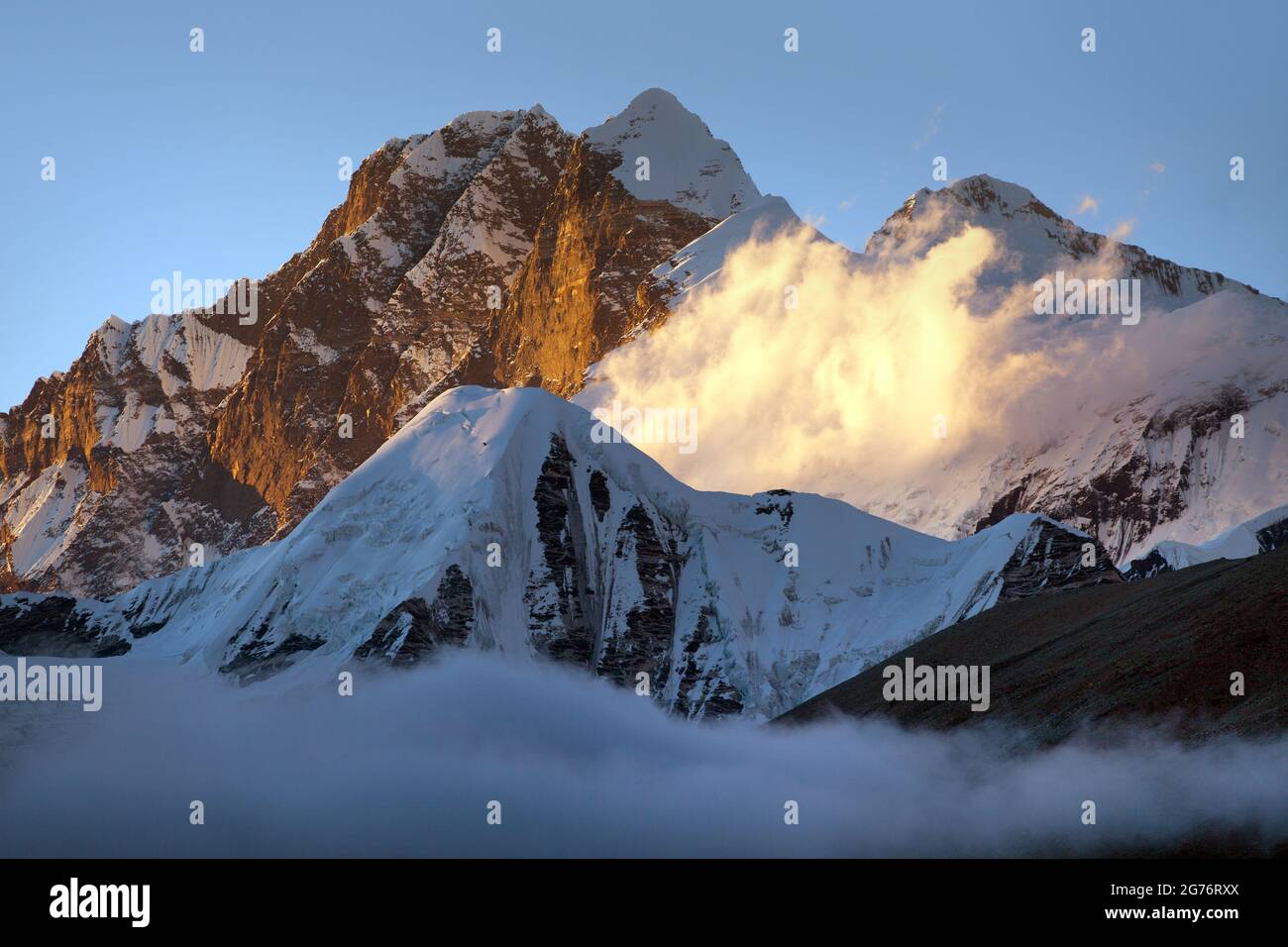 Evening sunset view of Everest Lhotse and Lhotse Shar from Barun valley ...