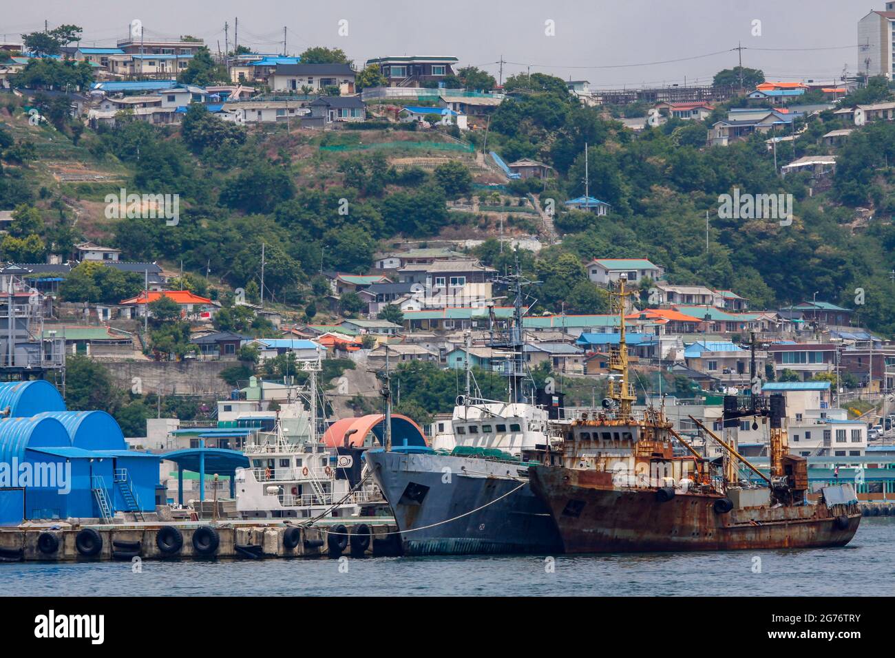 July 12, 2021-Samcheok-A View of sea food market village and port scene ...