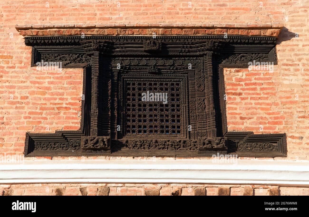 Carved wooden window and doorway details on the Royal Palace. Durbar ...
