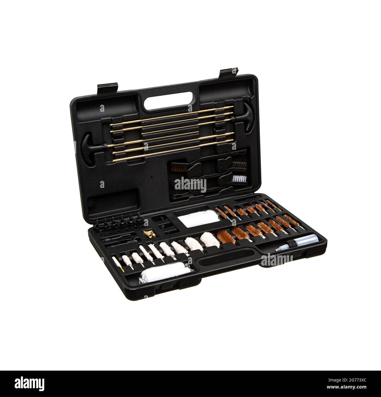 A set for cleaning weapons in a black case isolate on a white ...