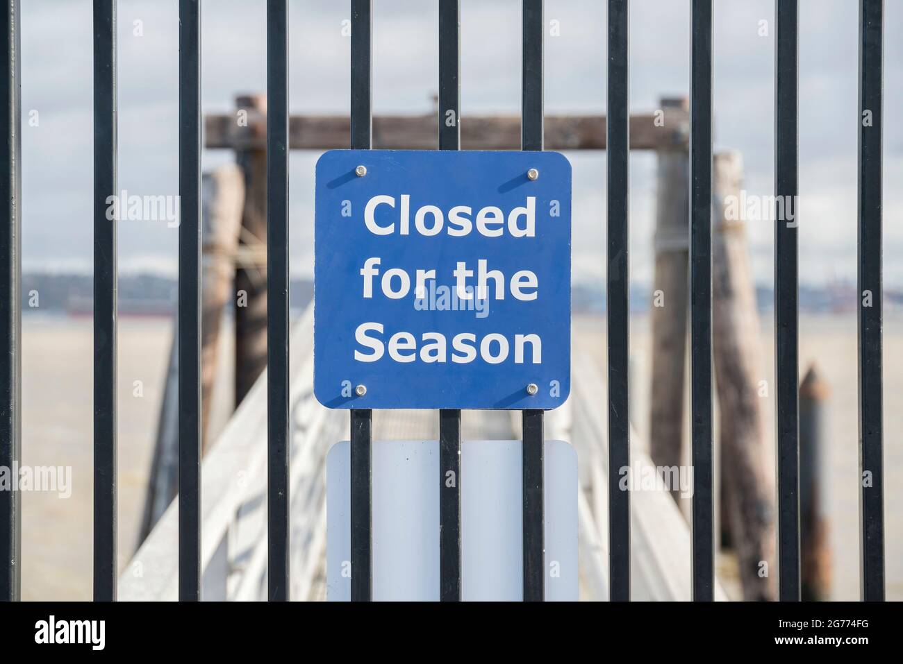 Closed for the season sign at Tacoma waterfront pier in Washington ...