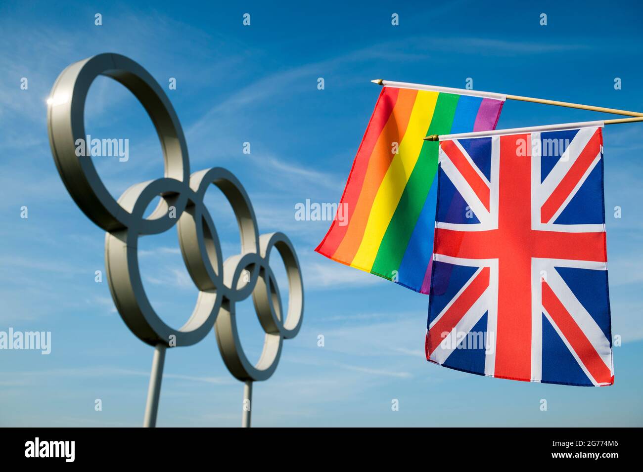 RIO DE JANEIRO - MAY 4, 2016: A rainbow colored gay pride flag hangs ...