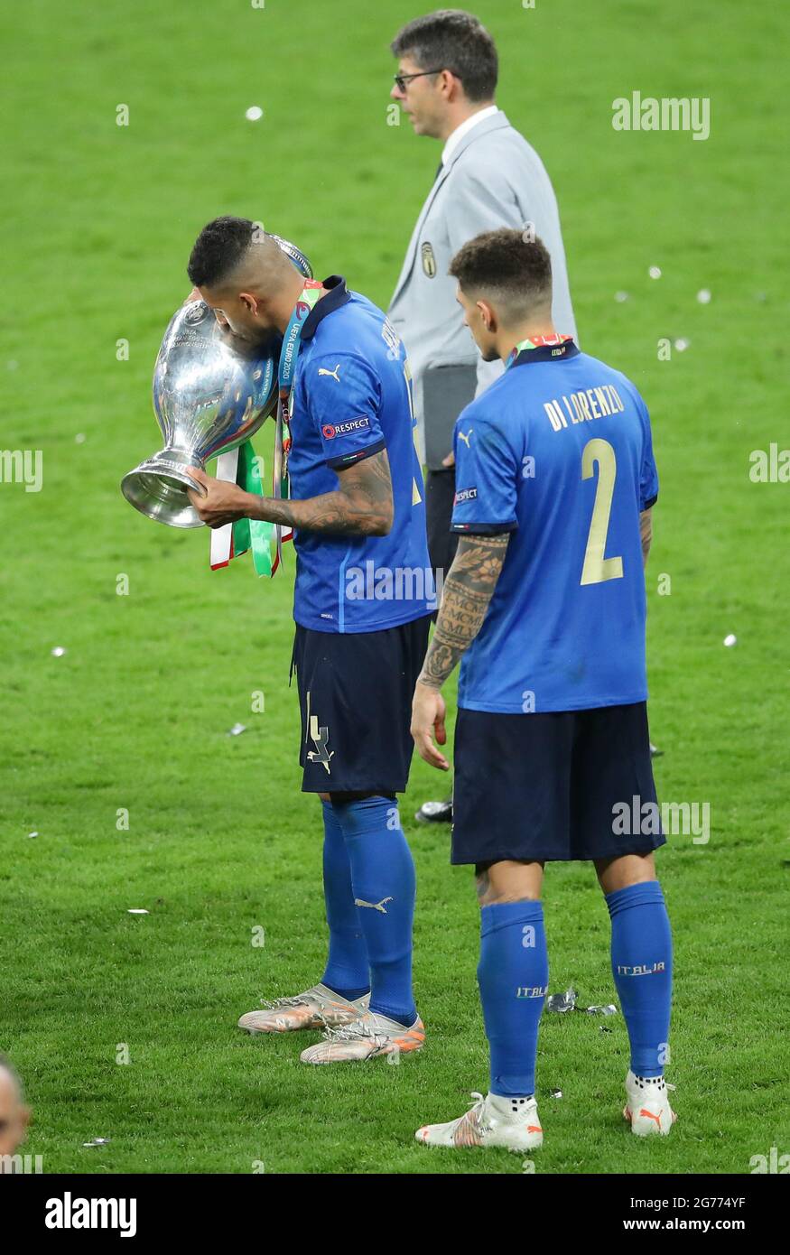 London, England, 11th July 2021. Emerson of Italy kisses the trophy ...