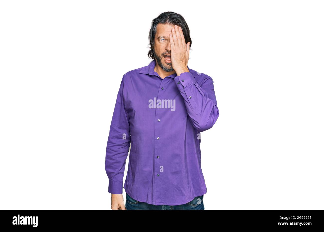 Middle age handsome man wearing business shirt covering one eye with ...