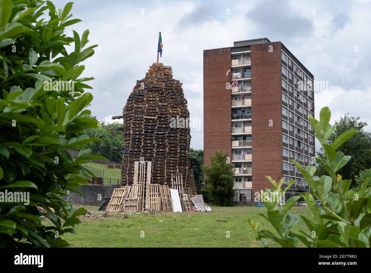 Belfast, UK. 11th July, 2021. A big bonfire with an Irish and an EU ...