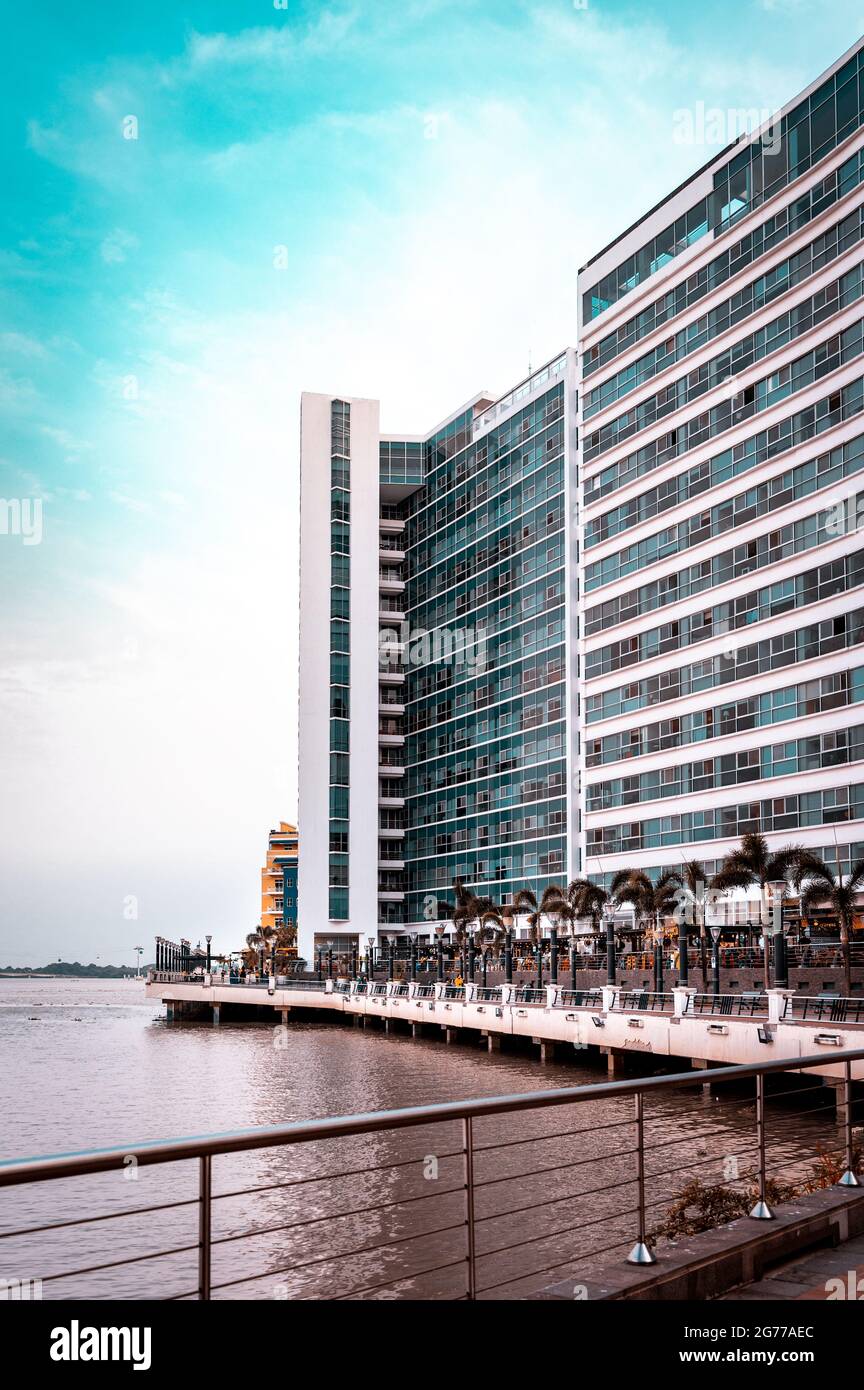 Puerto Santa Ana boulevard in Guayaquil, Ecuador. Many people walking ...
