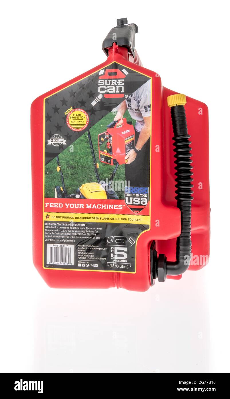 Winneconne, WI -11 July 2021: A package of Sure can five gallon gas can ...