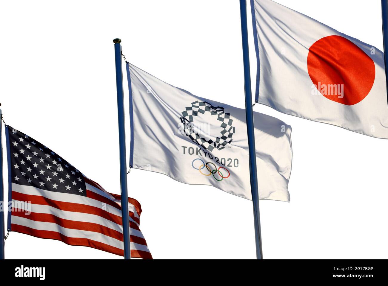 JULY 10, 2021 : General view of American flag, Tokyo 2020 flag and ...