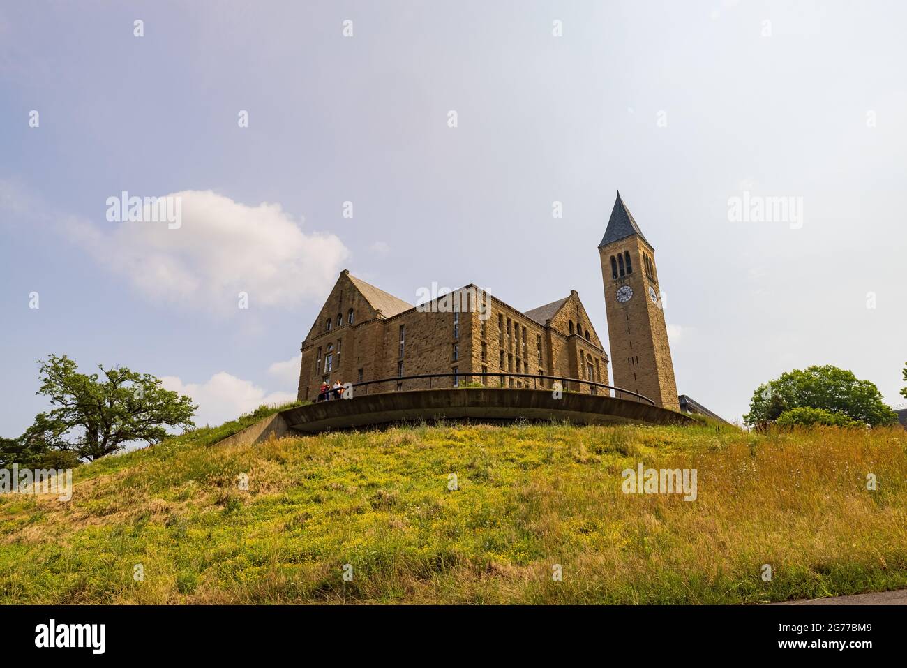 Sunny exterior view of Uris Library and McGraw Tower of Cornell ...