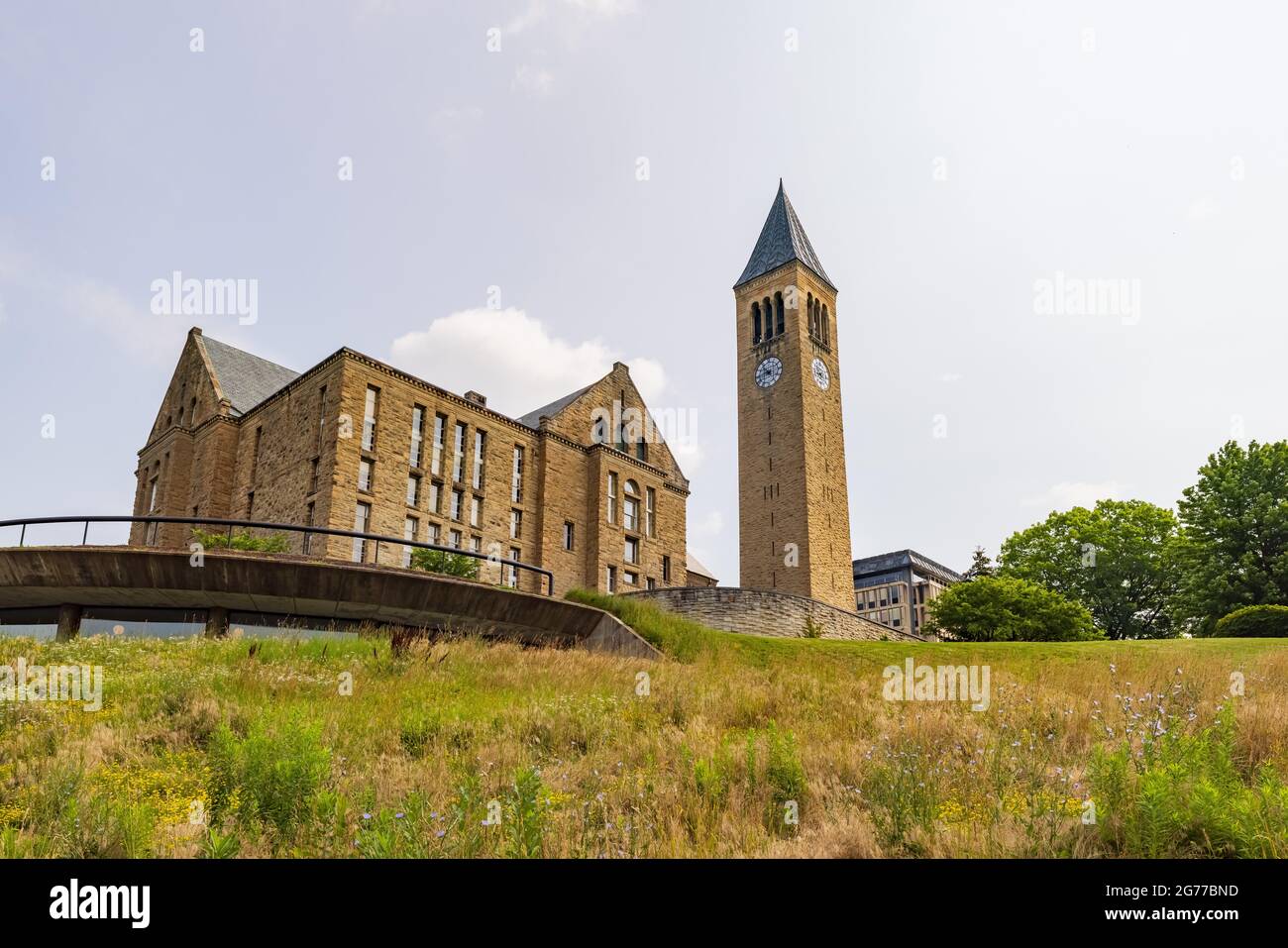 Sunny exterior view of Uris Library and McGraw Tower of Cornell ...