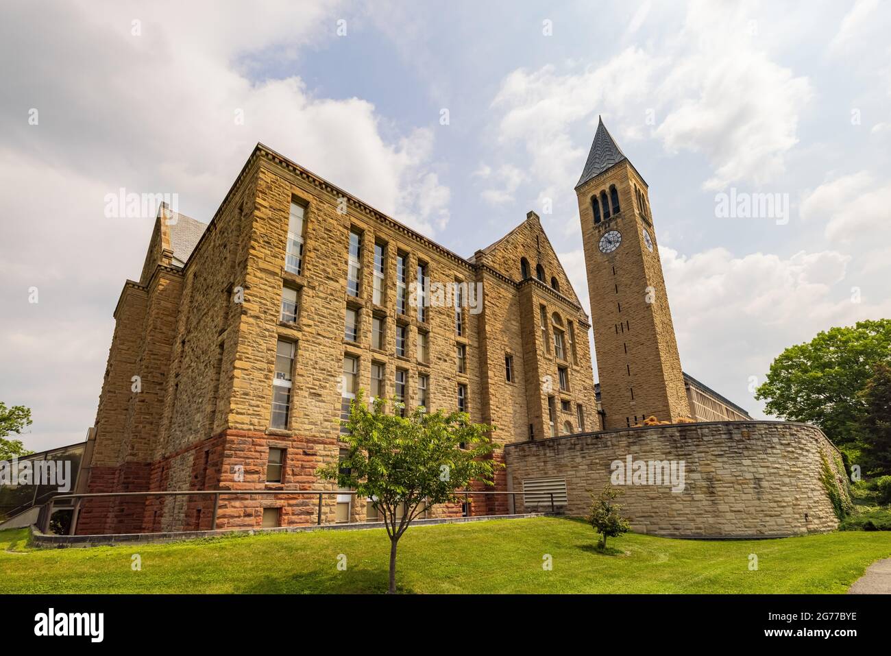 Sunny exterior view of Uris Library and McGraw Tower of Cornell ...