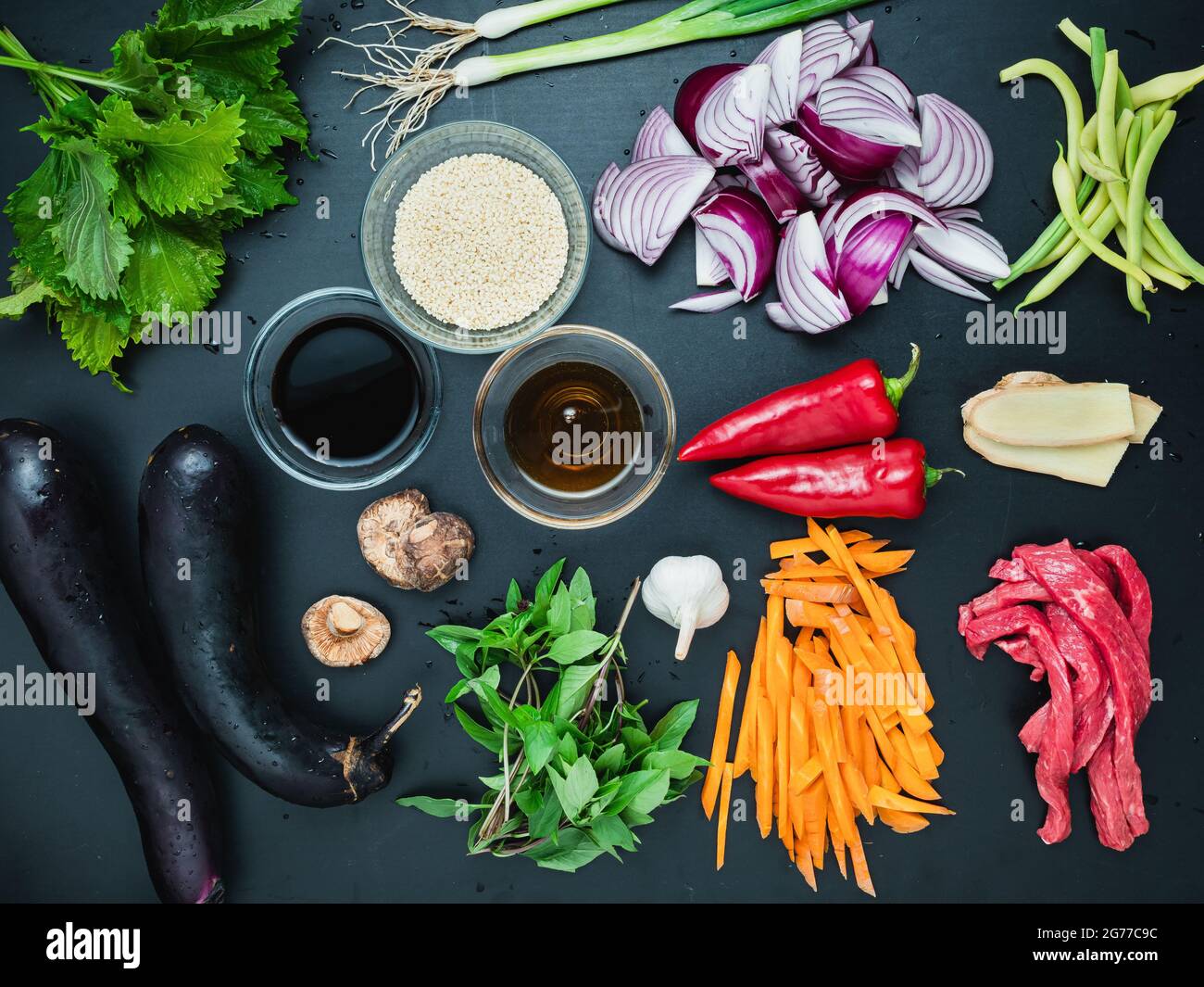 Various ingredients for a Japanese style stir fry dinner cooking on the ...