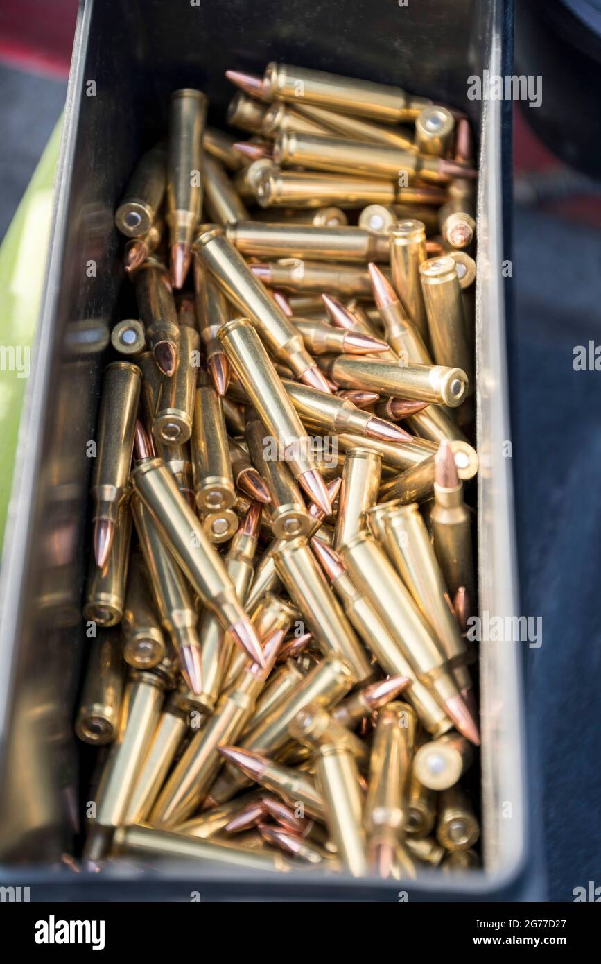 Copper bullets 223 ammo of a rifle inside a black container Stock Photo ...