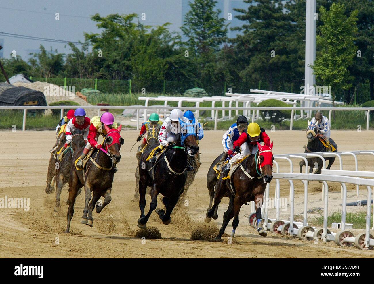 July 12, 2021-Gwacheon, South Korea-Jockey and horse run on the track during an Let's Run Park ...