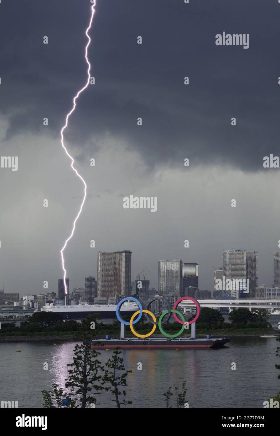 A lightning bolt is captured over Tokyo's Odaiba waterfront area on ...