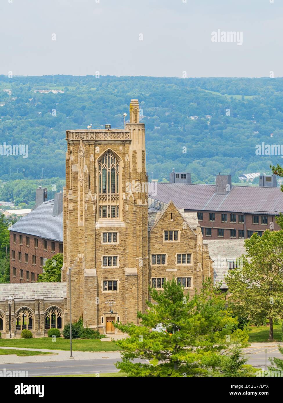 Sunny exterior view of the War Memorial building of Cornell University ...