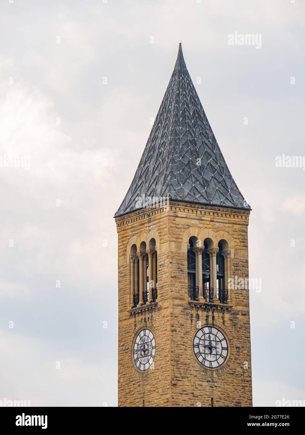 Sunny exterior view of McGraw Tower of Cornell University at Ithaca ...