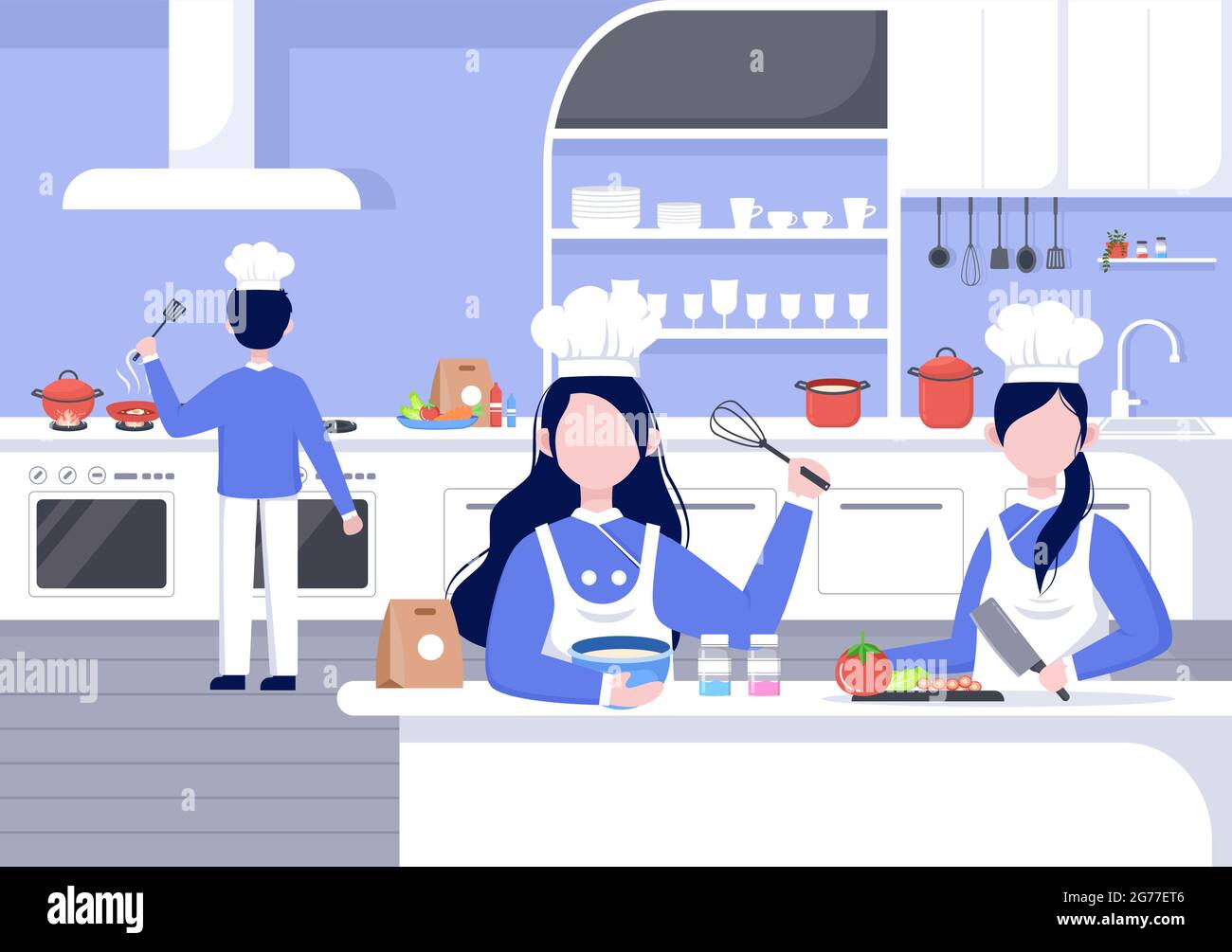 Chef Is Cooking In The Kitchen With Tray, ingredients or Different ...