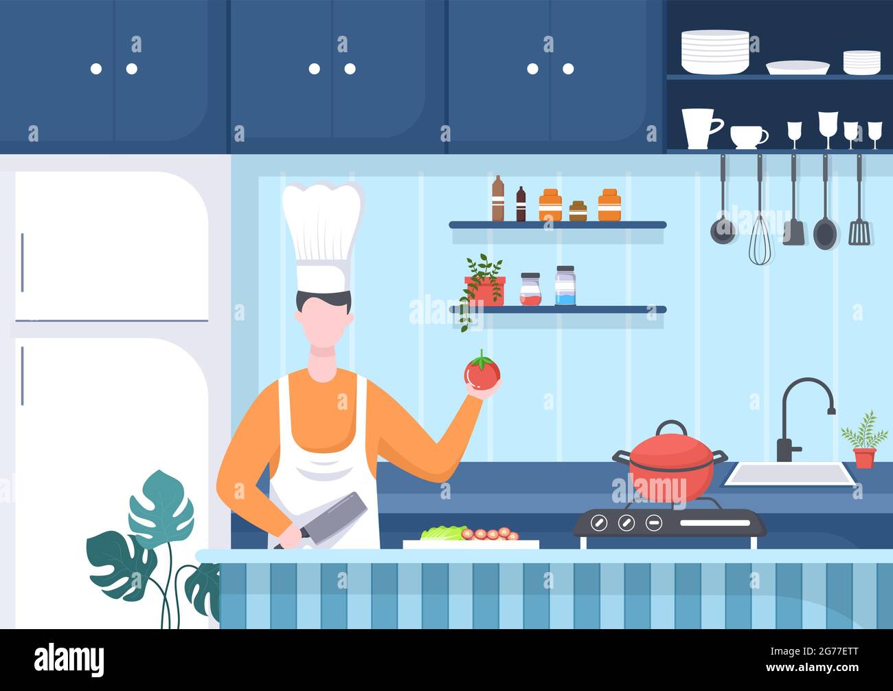 Chef Is Cooking In The Kitchen With Tray, ingredients or Different ...