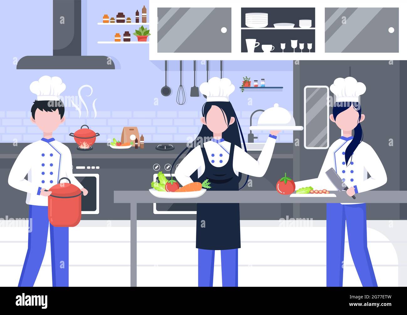 Chef Is Cooking In The Kitchen With Tray, ingredients or Different ...