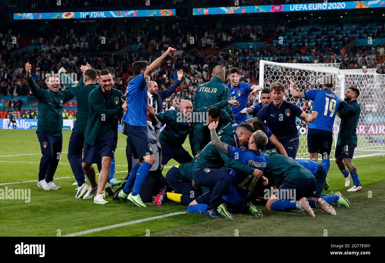 London, Britain. 11th July, 2021. Members of Italy team celebrate after ...