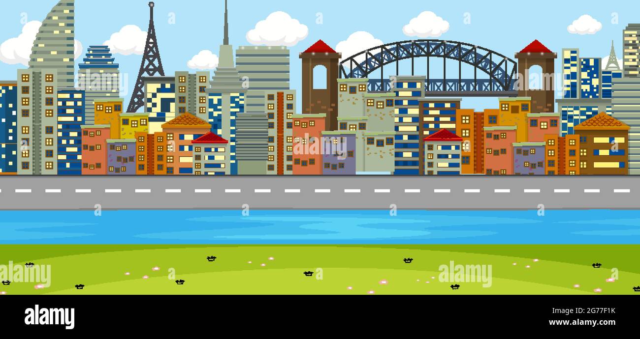 Horizontal scene with river and cityscape background illustration Stock ...