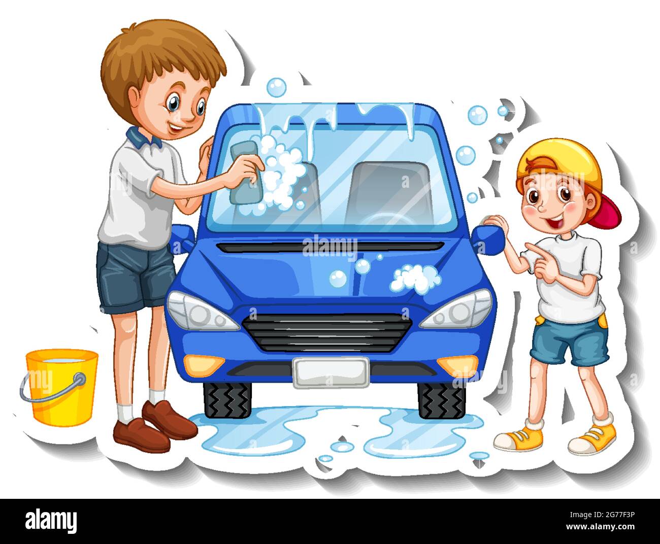 A sticker template with father washing car with his son illustration ...