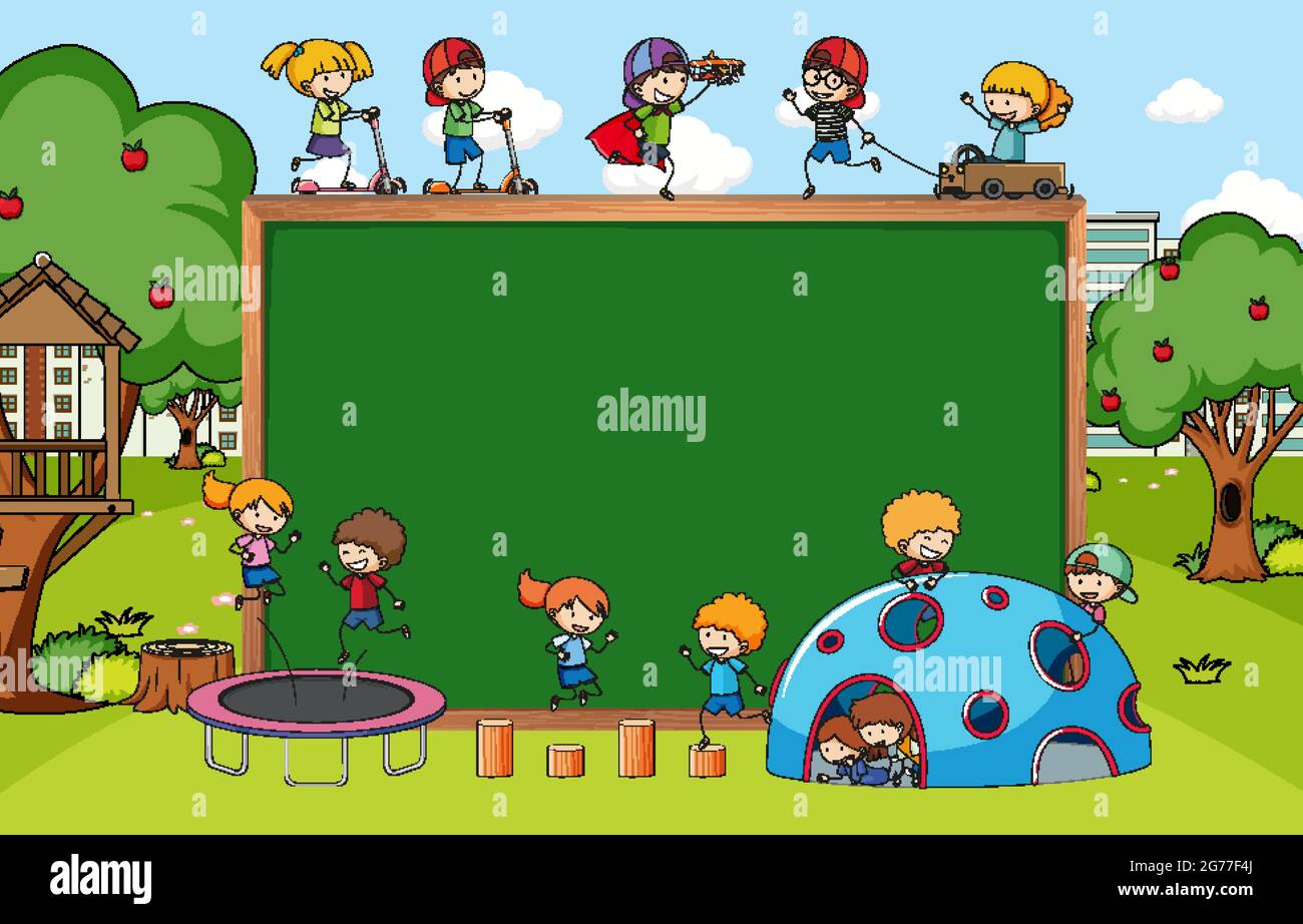 Playground scene with empty blackboard and many kids doodle cartoon ...