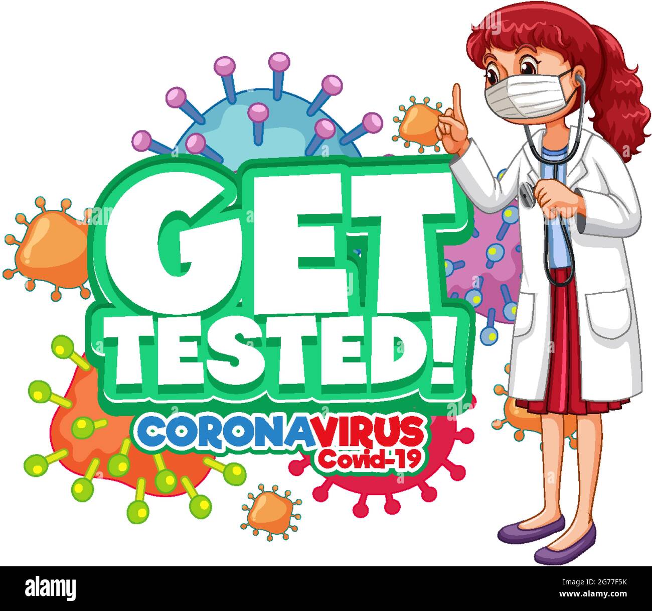 Get Tested font in cartoon style with a female doctor cartoon character ...