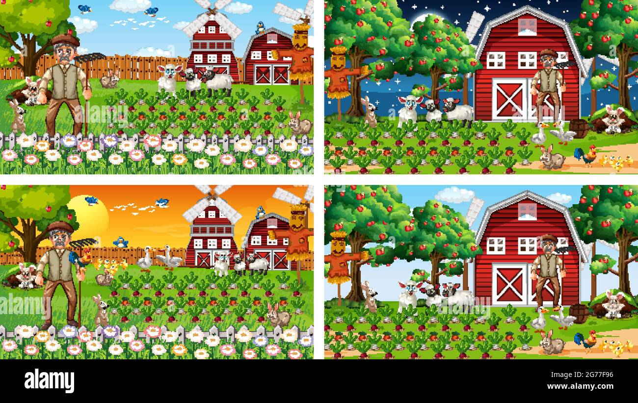 Different farm scenes with old farmer and animal cartoon character ...