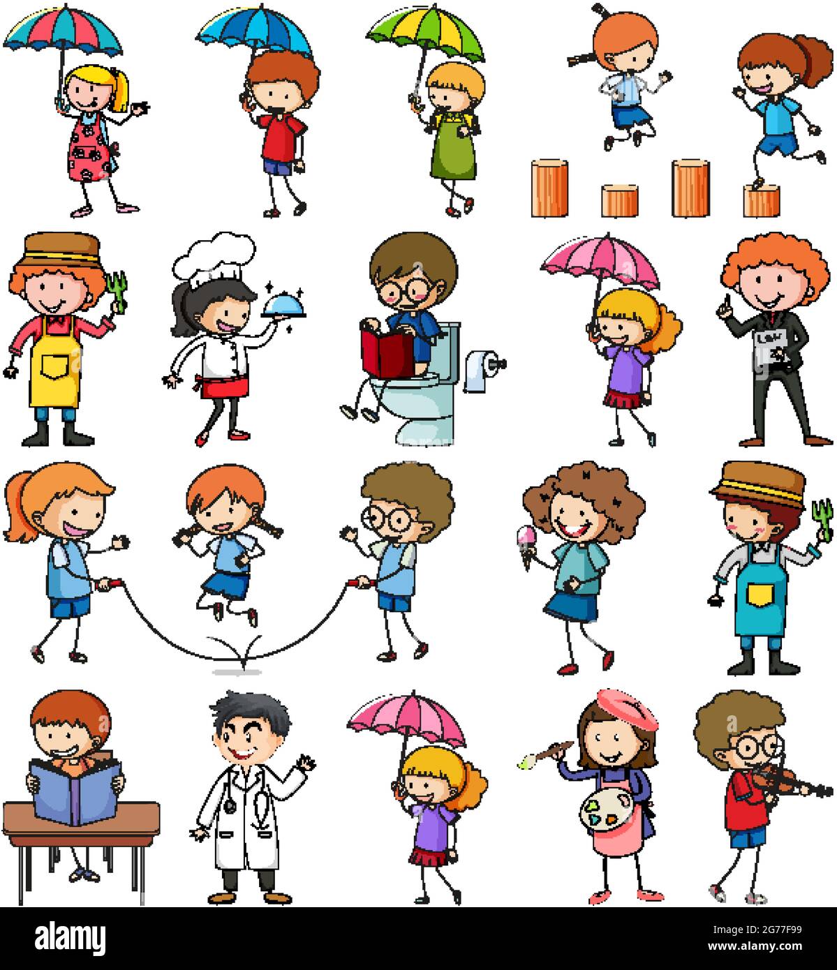 Set of different doodle kids cartoon character illustration Stock ...