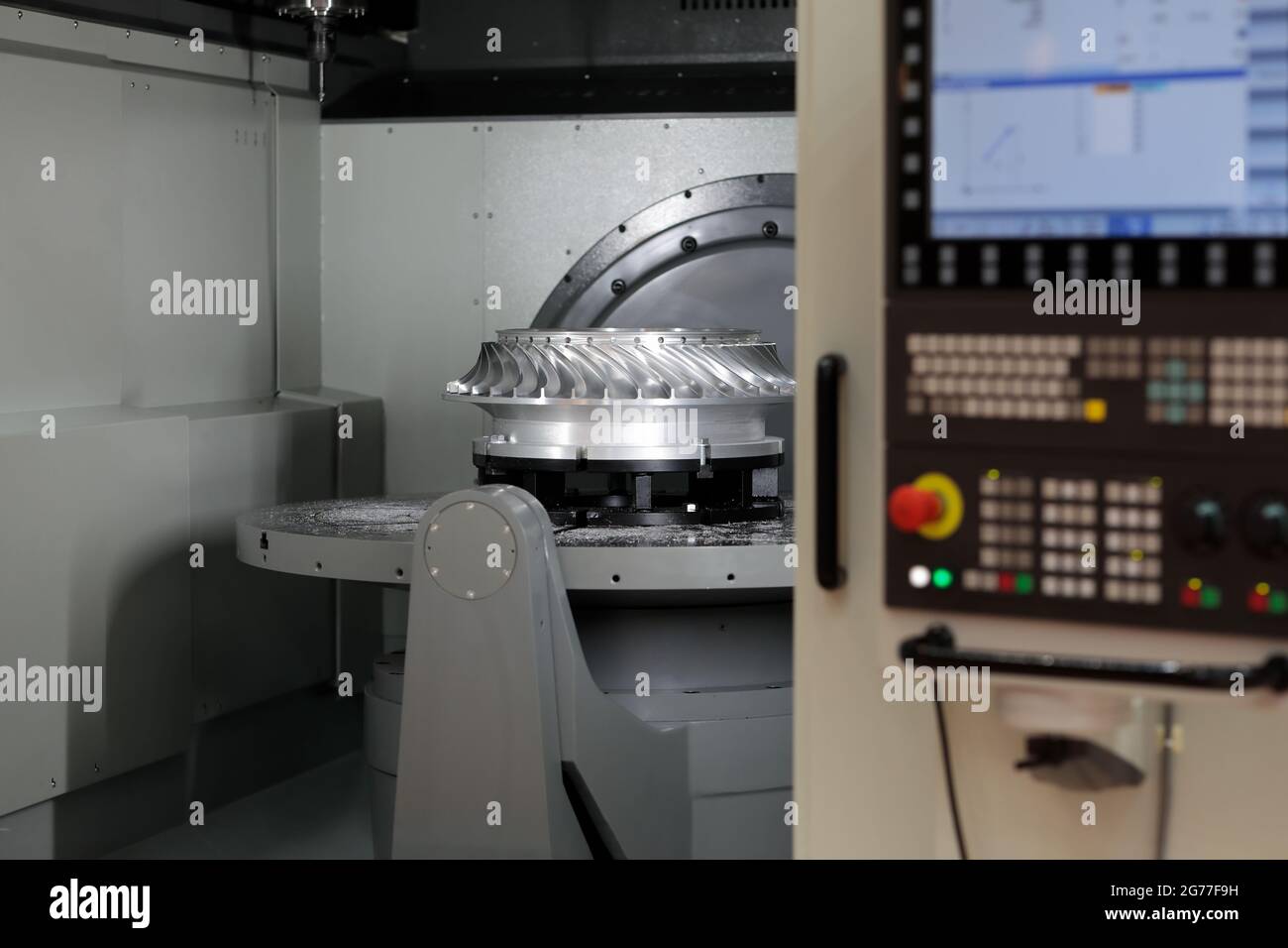 Large CNC milling machine with rotary table. Selective focus Stock ...