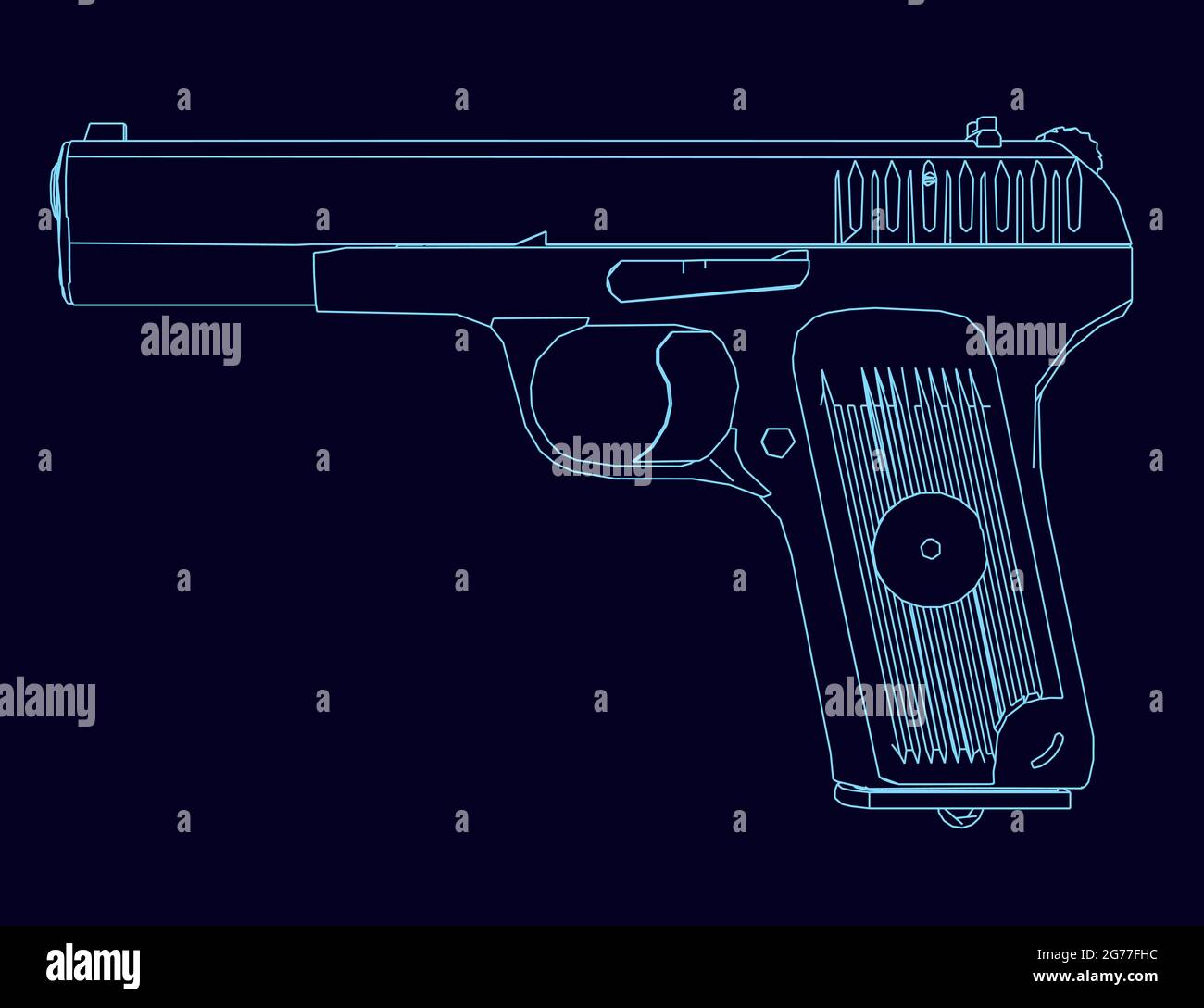 Contour of a pistol from blue lines isolated on a dark background. Side ...