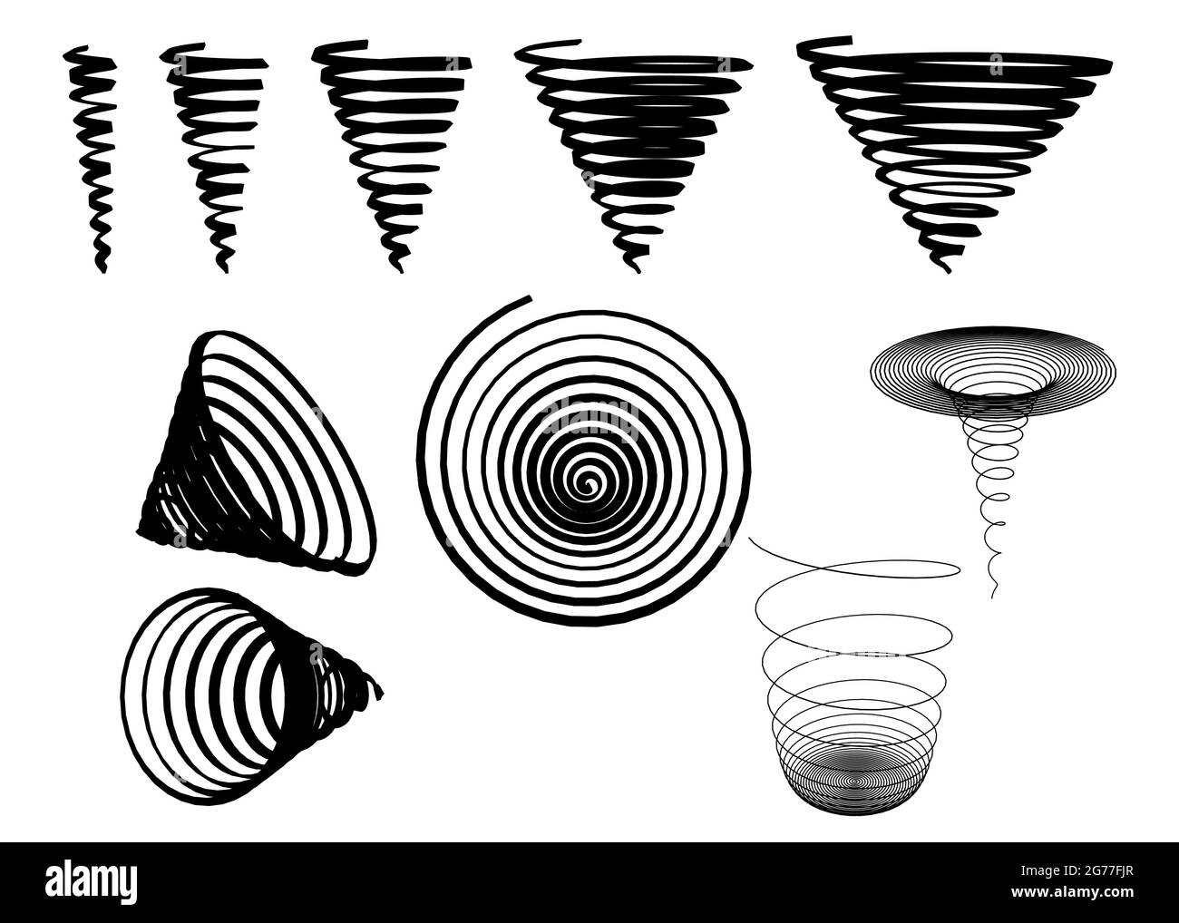 Set with silhouettes of spirals in different shapes isolated on white ...
