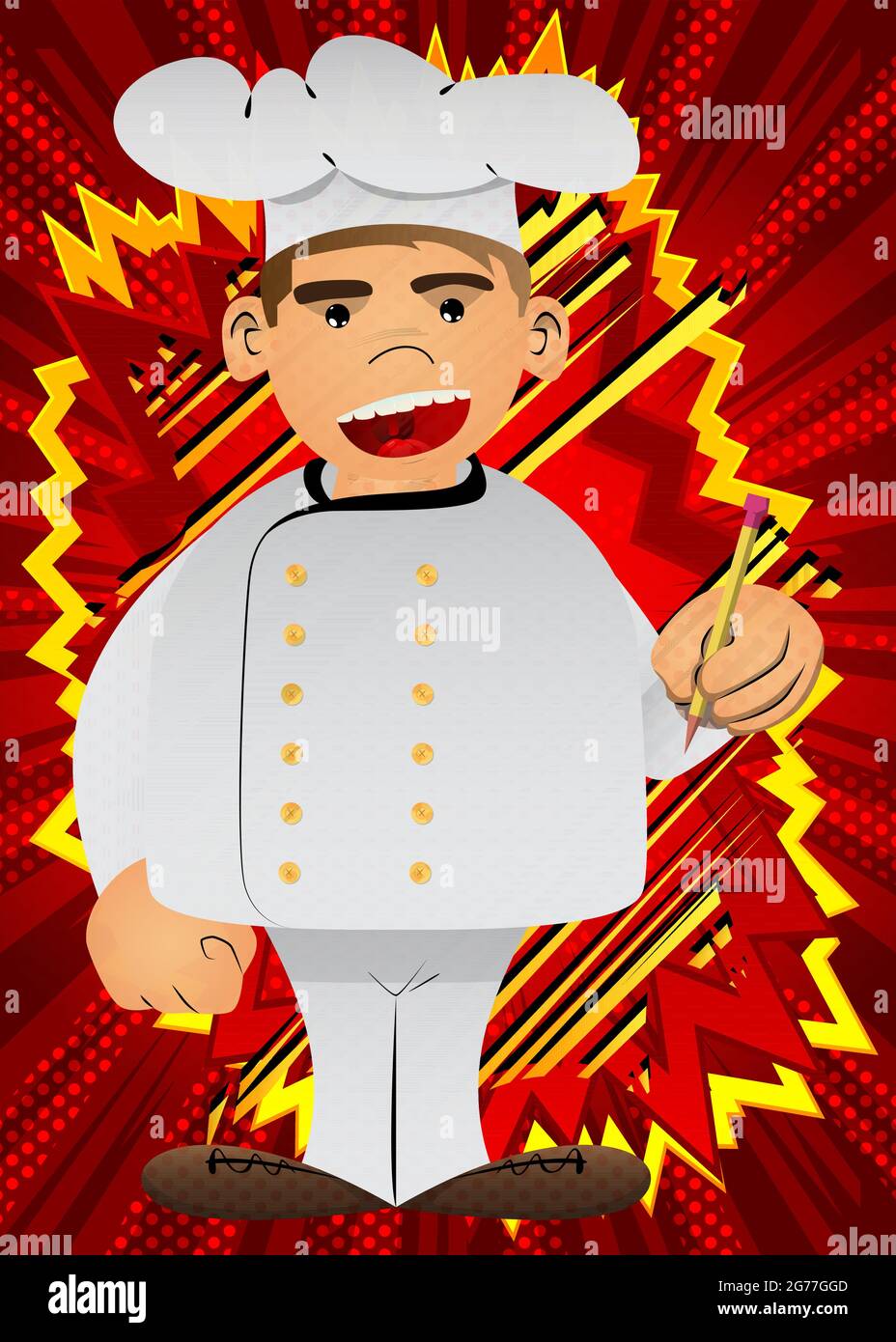 Fat male cartoon chef in uniform writing with pencil. Vector ...