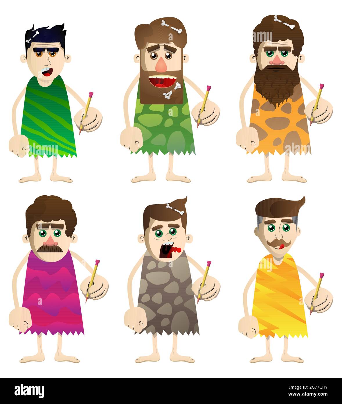 Cartoon prehistoric man writing with pencil. Vector illustration of a ...