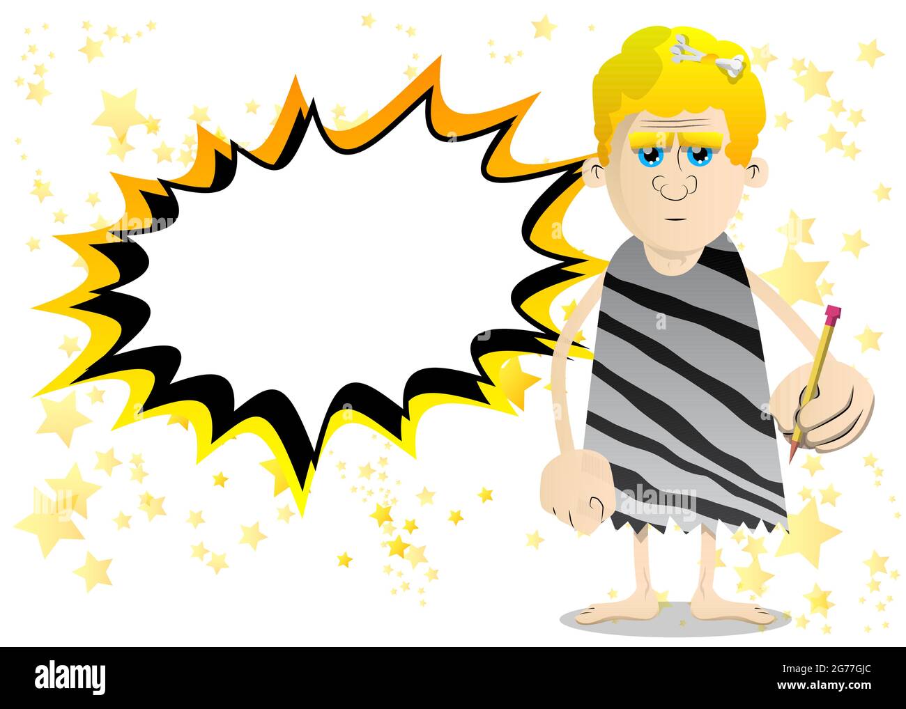 Cartoon prehistoric man writing with pencil. Vector illustration of a ...