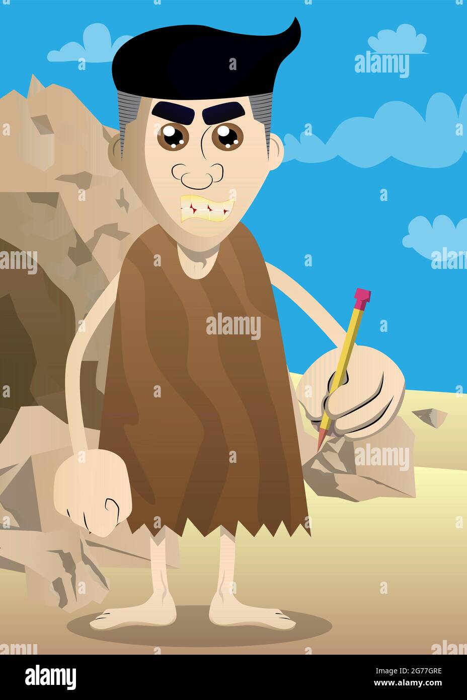 Cartoon prehistoric man writing with pencil. Vector illustration of a ...
