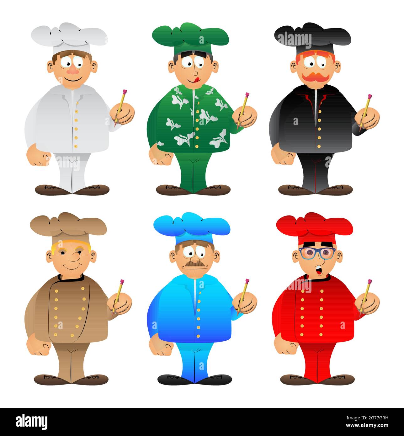 Fat male cartoon chef in uniform writing with pencil. Vector ...