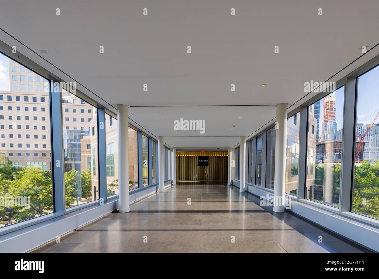 New York, JUL 4, 2021 - Hallway connect between building in the city ...