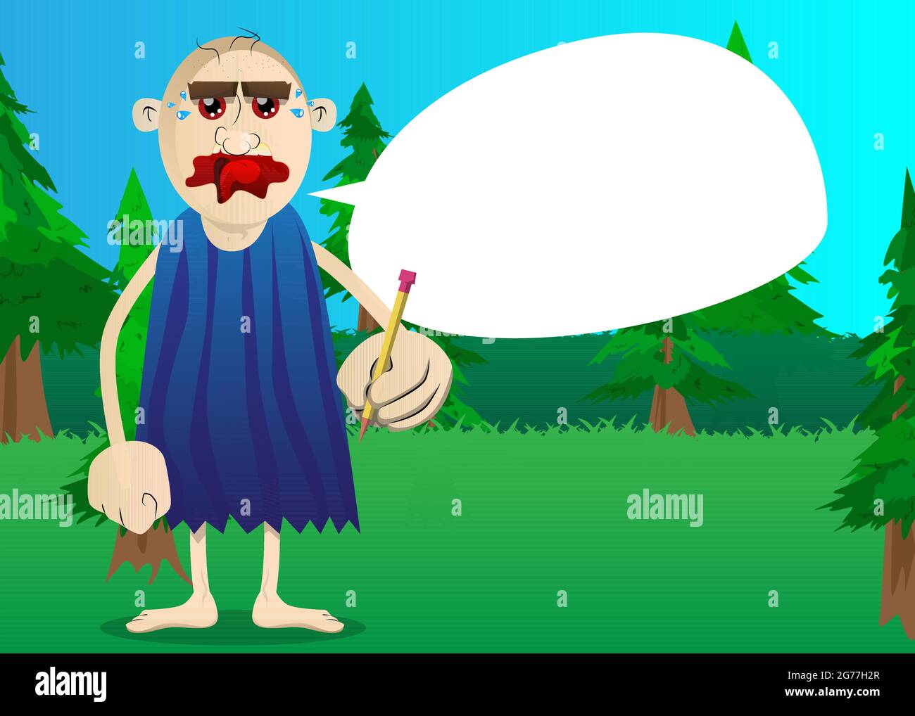 Cartoon prehistoric man writing with pencil. Vector illustration of a ...