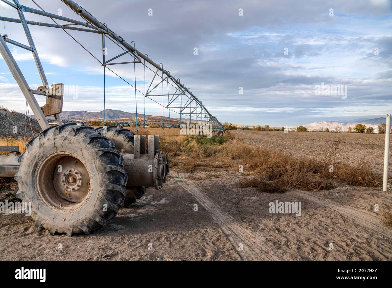 Wheels of a center irrigation water system in a large farmland Stock ...