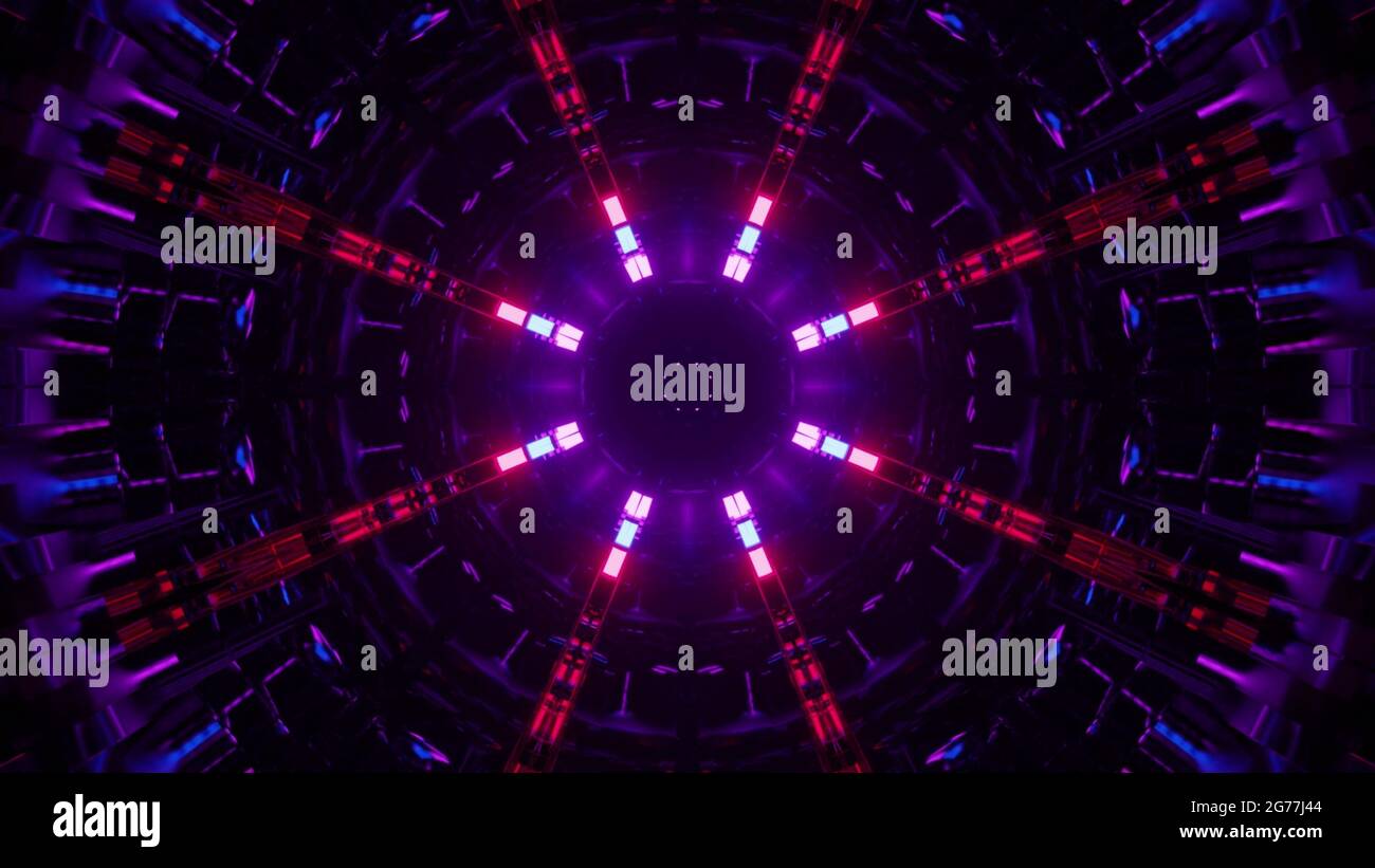 3D rendering of a dark neon circular portal with red light beams coming ...