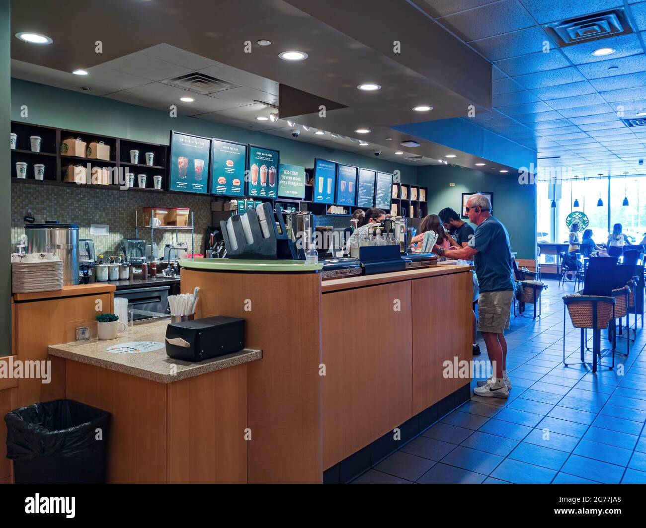 New York, JUL 5, 2021 - Interior view of a Starbucks Coffee Stock Photo ...